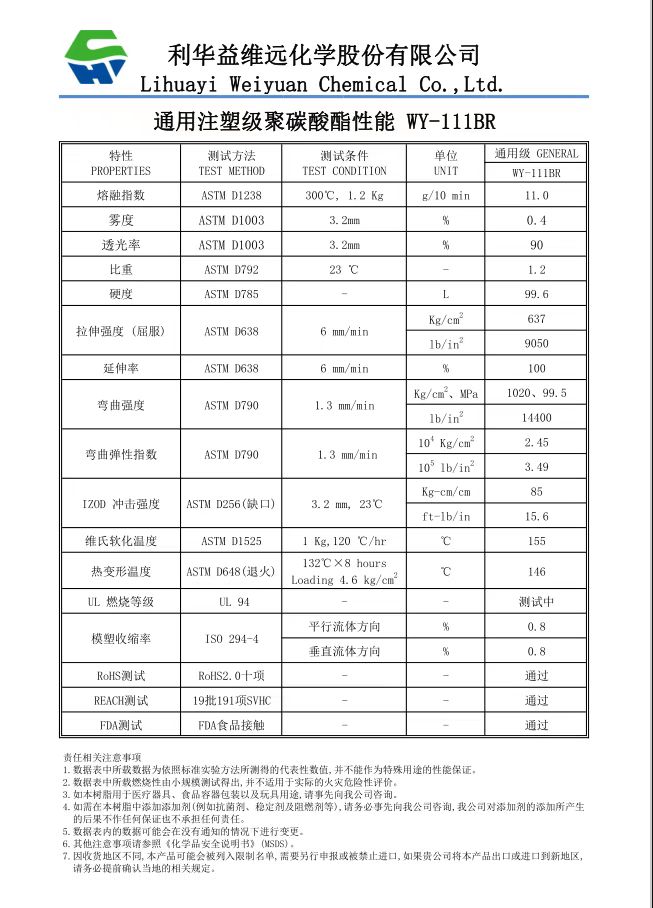 PC 山东利华益维远 WY-111BR 物性表 UL黄卡 食品接触认证报告资料 - 赛川塑胶